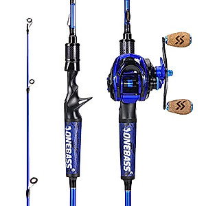 One Bass Fishing Rod and Reel Combo, IM7 Graphite 2 Pc Blank Baitcasting Combo, Spinning Rod with SuperPolymer Handle- 6'6" Casting Combo with Right Handed Reel- Blue