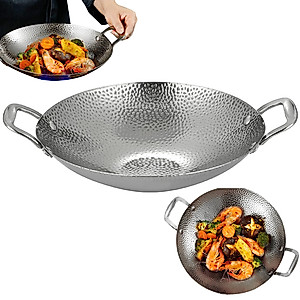 SHITOOMFE Mini Wok Stainless Steel Wok, 9 inch Dual-Handled Mini Wok, Nonstick Round Bottom Wok, Thick Induction Wok for Stir-Fry, Soups and Pastas