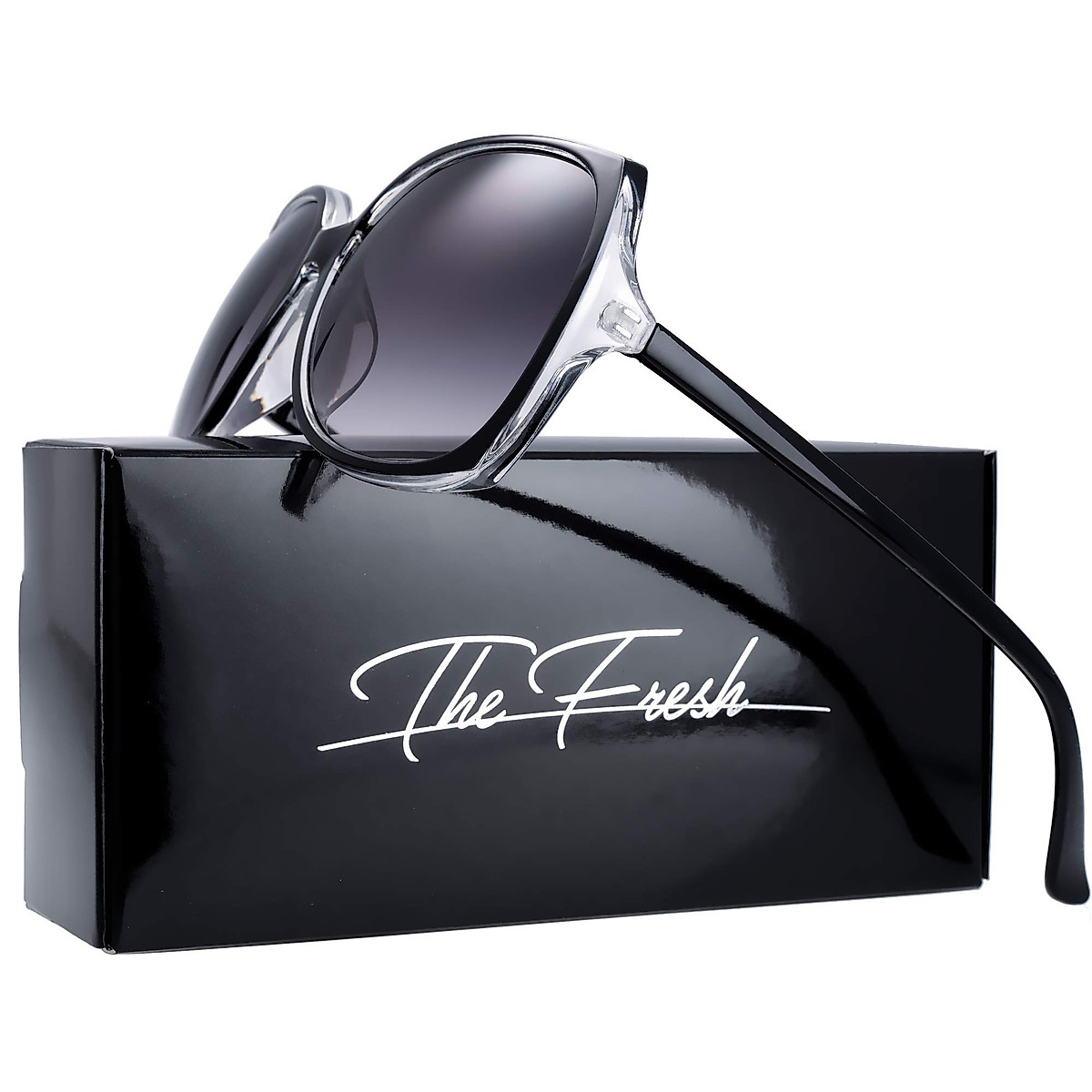 The Fresh Women's Oversized Square Jackie O Cat Eye Hybrid Butterfly Fashion Sunglasses - Exquisite Packaging (727701-Crystal Black, Gradient Grey)