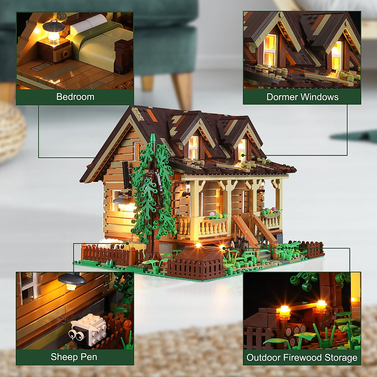 FUNWHOLE Lighting Building Bricks Set - Wood Cabin and Ocean Adventure Ship Construction Model Set for Adults and Teen