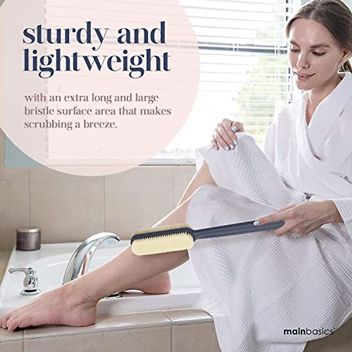 MainBasics Shower Brush Back Scrubber Dual-Sided Body Brush Long Handle with Soft and Stiff Bristles for Dry & Wet Brushing (Navy Blue)