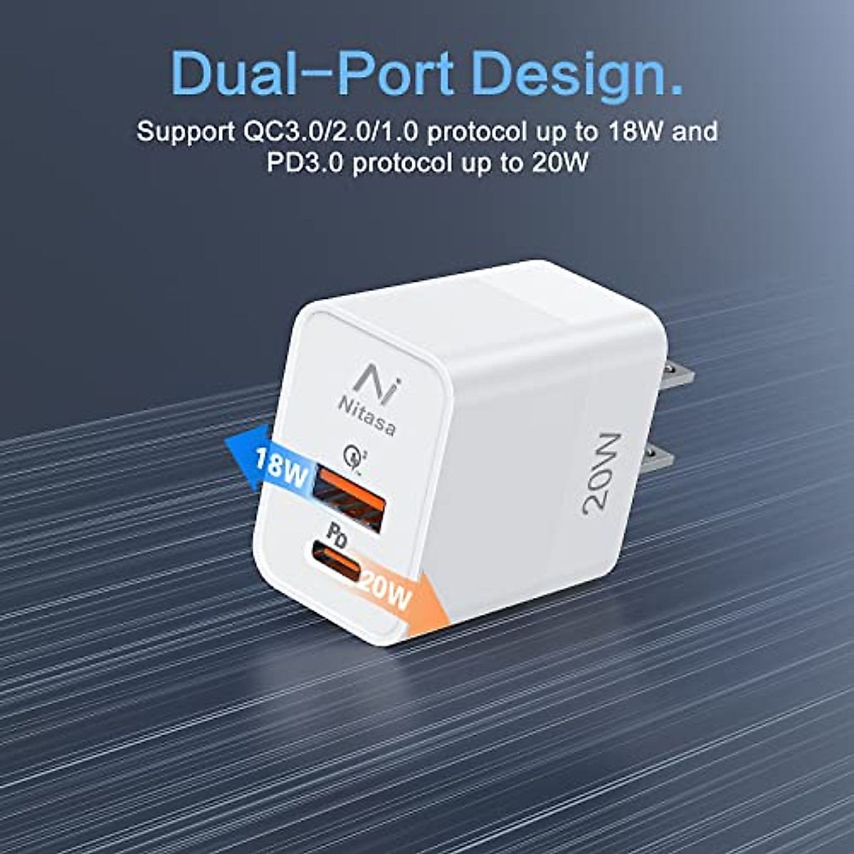 20W USB C Wall Charger,NITASA 2-Pack Dual Port Fast PD+Quick Charge 3.0 Charger Block Plug for iPhone 14 13/12/11/14 Pro Max SE iPad Galaxy Pixel,USB C Power Adapter Fast Charging for iPhone 14 Plus