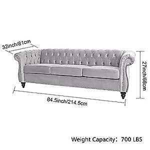 LEFHDA 84" Velvet Upholstered Chesterfield Sofa Couch, Modern 3 Seater Sofa Couch, Thicken Seat Cushions and Button Tufted Back Chesterfield Couch with Nailhead Trim Rolled Armrests, Grey