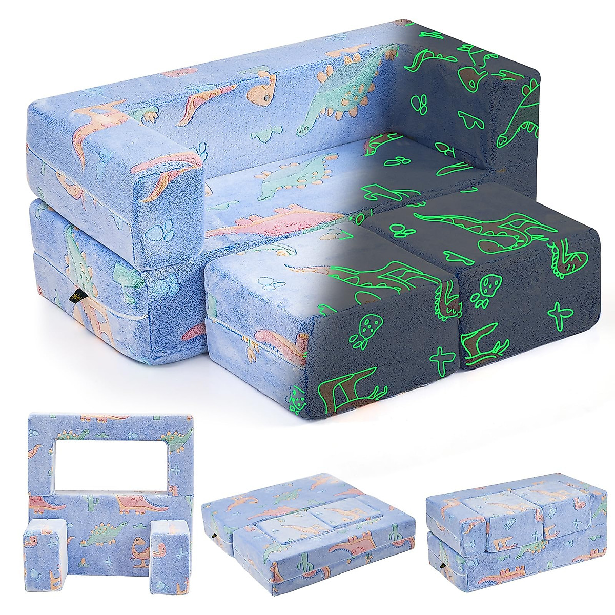 TELER Kids Couch Sofa Modular Toddler Couch, Glow in The Dark Sofa 3 in 1 Fold Out Kids Sofa with Washable and Durable Covers for Boys, Blue Dinosaur