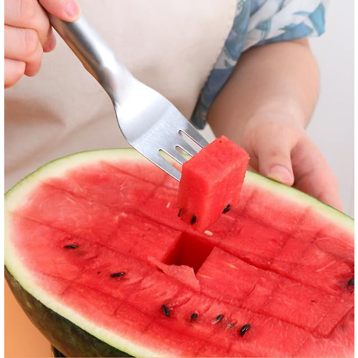2-in-1 Stainless Steel Fruit Cutter, 2024 New Watermelon Fork Slicer Cutter Melon Cube Cutter, Portable Watermelon Fork Slicer, Dual Head Fruit Forks Slicer for Home Kitchen Gadget (1 Pcs)