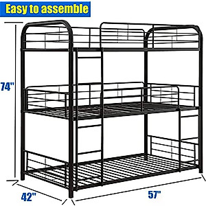 CPARTS Stronger & Upgraded Version Metal Industrial Style Triple Bunk Bed Full, Thickened More Stable Safer Steel Full Over Full Over Full Size Triple Bunkbed Frame, Faster Assemble (Sandy Black)