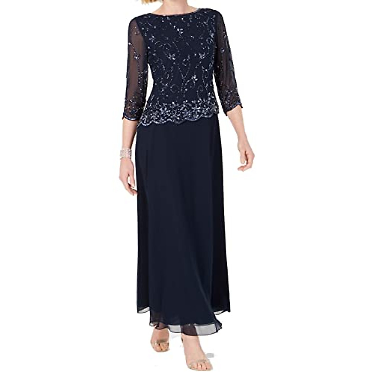 J Kara Women's Beaded Scallop Bodice Asymmetrical Gown, Navy/Mercury/Gun, 8