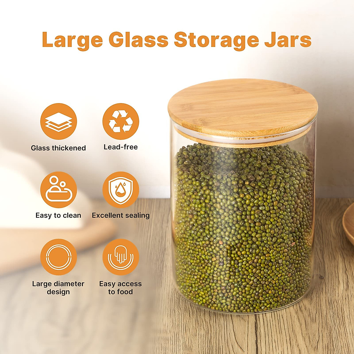 Glass Food Storage Jars Set of 5,Glass Storage Containers Clear Glass Food Canister with Bamboo Lid Airtight For Serving Tea, Coffee, Flour, Sugar, Candy, Cookie, Spice and More (Circular)