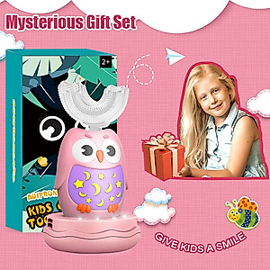 AUITRONCARE Kids Toothbrush Electric, Toddler Electric Toothbrush Ultrasonic Toothbrush 360° Cleaning U Shaped Toothbrush Come with 3 Brushing Heads and Cup for Toddlers & Children (Owl-Pink)