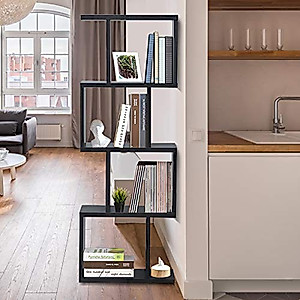 Giantex 4 Tier Bookshelf S Shaped Bookcase, Multifunctional Wooden Display Decor Furniture, Free Standing Industrial Storage Rack for Living Room Bedroom Office, Modern 4 Shelf Bookcase (Black, 1)