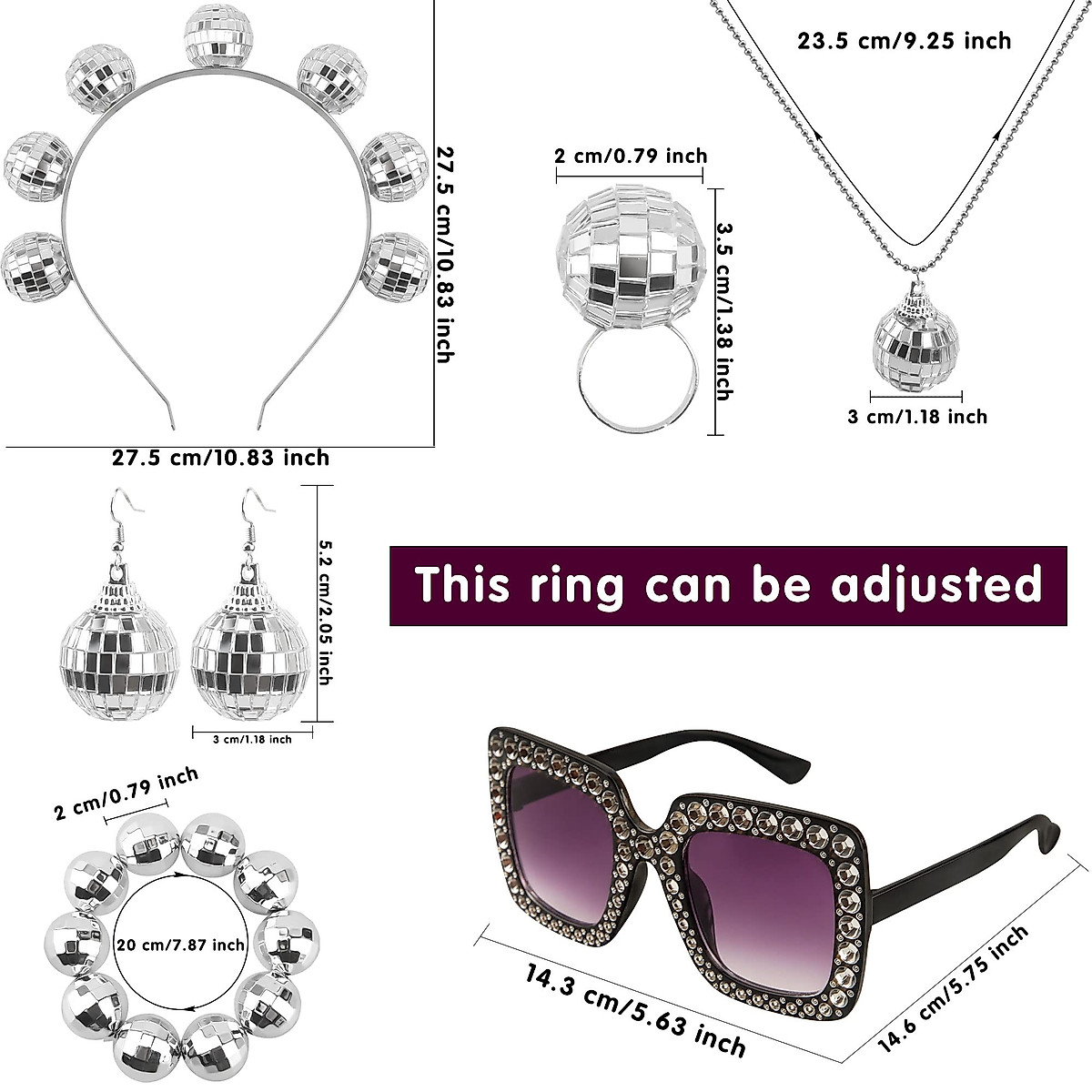 Fahacop 6 Pack 1970s Disco Accessories Set Disco Ball Headband Necklaces Bracelet Ring Earrings and Square Crystal Sunglasses for Women Girls Dress Up Dance Party Accessories