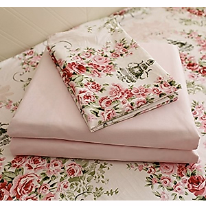 FADFAY Shabby Floral Bedding Set Queen Size Sheet Set 4 Piece Premium 100% Cotton Pink Rose Pattern :1 Deep Pocket Fitted Sheet, 1Flat Sheet, 2 Pillowcases (Standard Size)