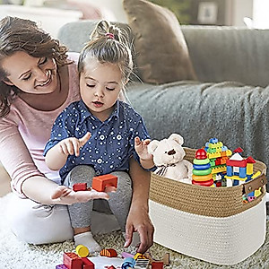 Cotton Rope Basket, Decorative Woven Basket With Leather Handles, Rectangle Storage Basket For Clothes, Toys, Makeup, Books, Towels, Sundries 15.3×10×9.4 inches(3-Pack, Brown&White)