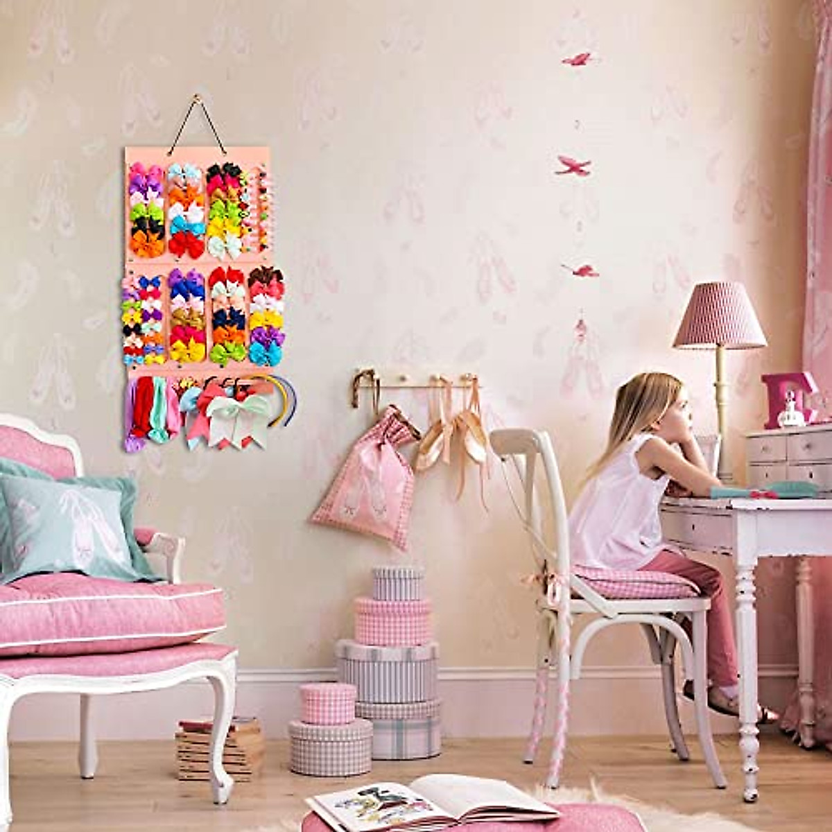 OWIIZI Bow Holder for Girls Hair bows Hair Clips Headband Storage Hanger Hair Bows Organizer 16 Ribbons Baby Hair Accessory Storage Display Organizer for Girls Room