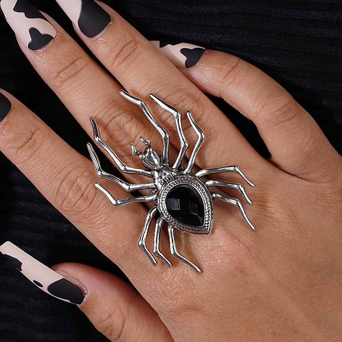 Jumwrit Spider Ring for Women Vintage Knuckle Ring Black Rhinestone Finger Ring Silver Extra Big Spider Ring Daily Festival Accessory for Girl