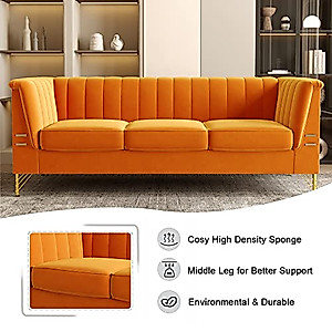 Kadway Velvet Sofa Couch for 3-4 Persons, 83" Mid-Century Modern Couch with Gold Metal Legs, Chesterfield Sofa 3 Seater Sectional Couches, Large Load Sofa Couch for Living Room Office Hotel Orange