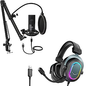 FIFINE Studio Condenser Microphone USB PC Headset Kit, Computer PC Microphone Headset Bundle, Recording Microphone for Voice-Over, Podcast, Vocal, 7.1 Surround Sound RGB Headset for Laptop (T669+H6)