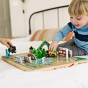 Melissa & Doug 17-Piece Wooden Take-Along Tabletop Railroad, 3 Trains, Truck, Play Pieces, Bridge - FSC Certified