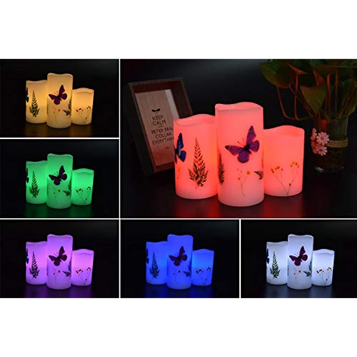 UNIVELA Candles Set of 3 Flameless 4" 5" 6" Unscented Tealight Butterfly Flower Plants Decor Real Wax Pillar Candle LED Lights 12 Color Changing 4H 8H Timer Remote Control AAA Batteries Operated