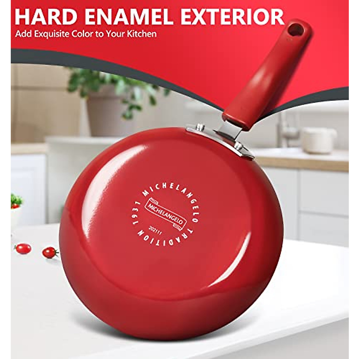 MICHELANGELO Pots and Pans Set Nonstick, 15 Pcs Kitchen Cookware Sets with Porcelain Enamel Exterior and Nonstick Granite-derived Coating, Enamel Cookware Set with 5 Utensils - Red