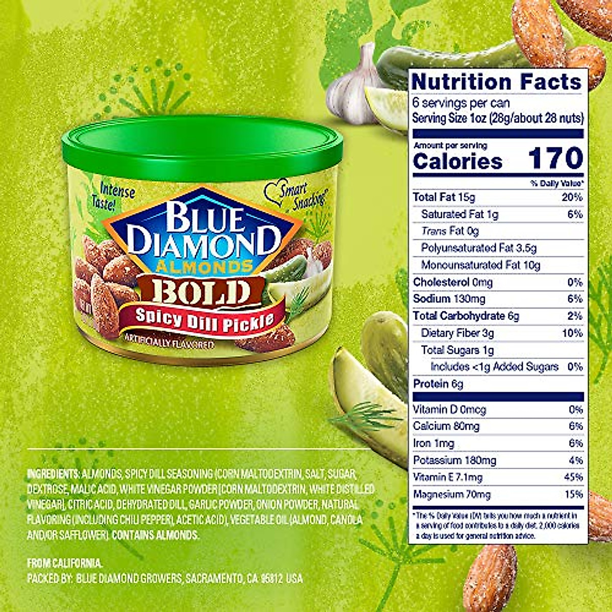 Blue Diamond Almonds Spicy Dill Pickle Flavored Snack Nuts, 6 Oz Resealable Can (Pack of 1)