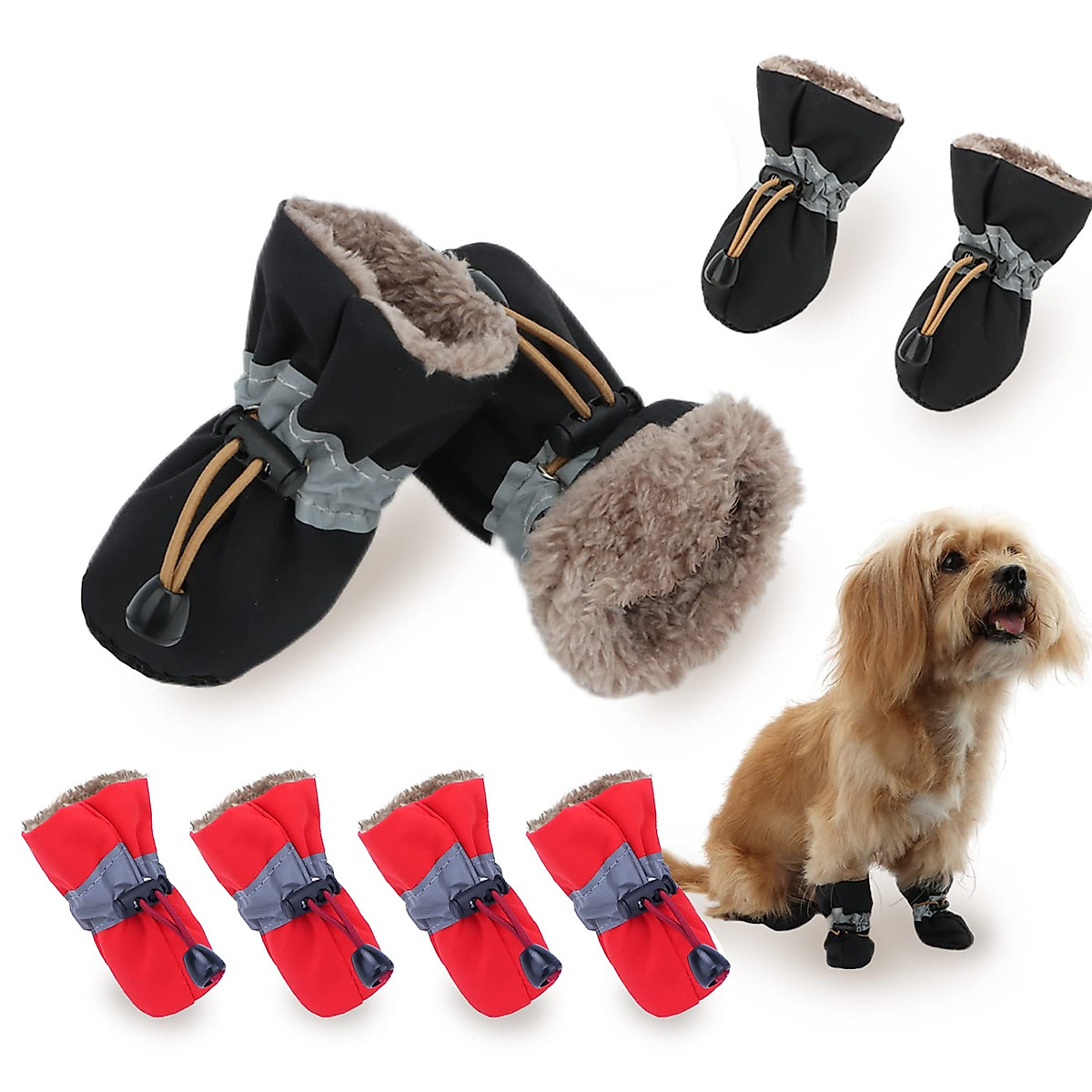 LUZGAT Dog Boots Paw Protectors,Small Dog Winter Boots Shoes,with Anti-Slip Sole and Plush for Warm Snow Outdoor Walking,Pack of 8(Black+Red,Size 2)