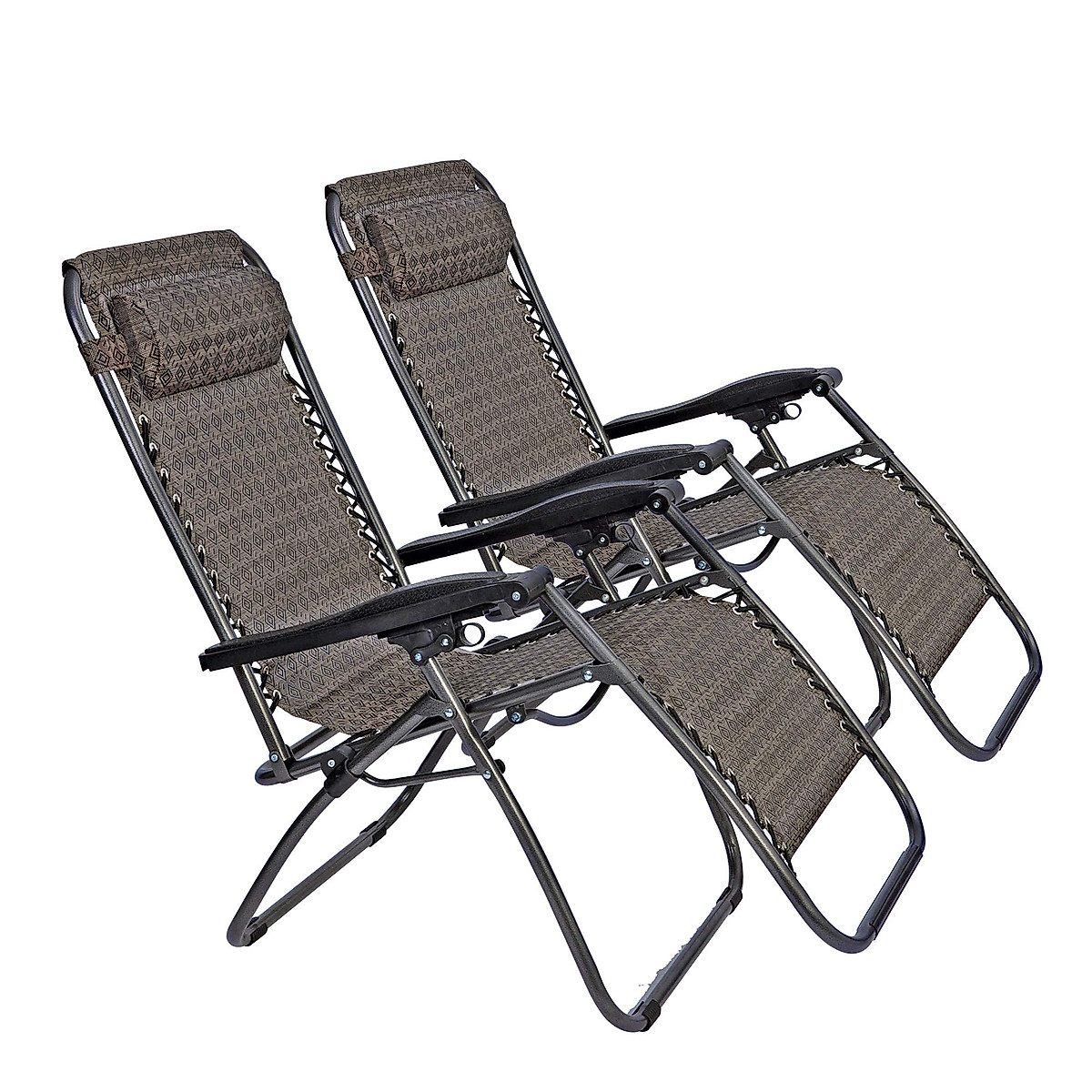 LUCKYERMORE Adjustable Textilene Zero Gravity Chairs Set of 2, Diamond Design Outdoor Folding Reclining Lounge Chair with Pillow, Hold up to 300 LBS, Patio Recliners for Pool Beach, Grey and Brown