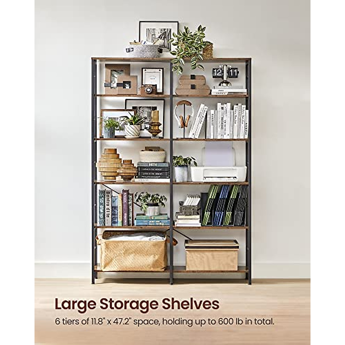 VASAGLE 6-Tier Tall Bookshelf, Bookcase, Large Metal Shelf, 11.8 x 47.2 x 67.9 Inches, for Living Room, Kitchen, Pantry, Study, Home Office, Rustic Brown and Black ULLS114B01