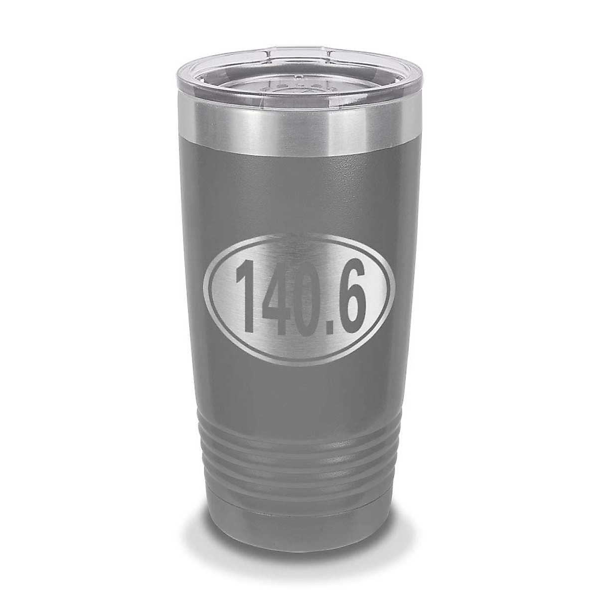 Custom Oval 140.6 20 oz Laser Engraved Polar Camel Stainless Steel Vacuum Insulated Tumbler w/Clear Lid ironman triathlon - Customizable - Dark Gray
