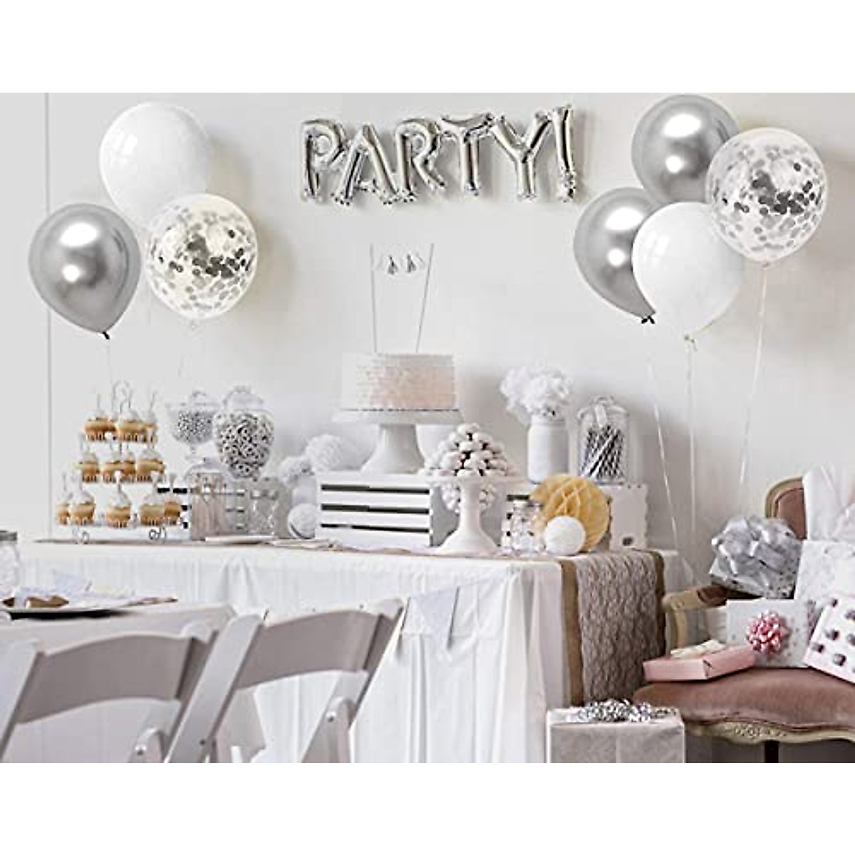 Bezente White Silver Balloon Garland Kit,100Pcs White Silver Metallic Chrome and Silver Confetti Balloons with Balloon Tape for Wedding, Prom,Special Events Party Decoration.