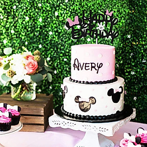 Black Glitter Minnie Inspired Happy Birthday Cake Topper with Pink Bows and White Gloves Girls Birthday Party Decorations Supplies
