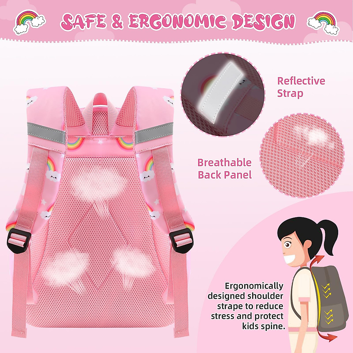 Unineovo Backpack for Girls, 16' Rainbow School Backpack for Kids - Lightweight Water Resistant Bookbag - Pink Nylon School Bag Set Gifts for Kid