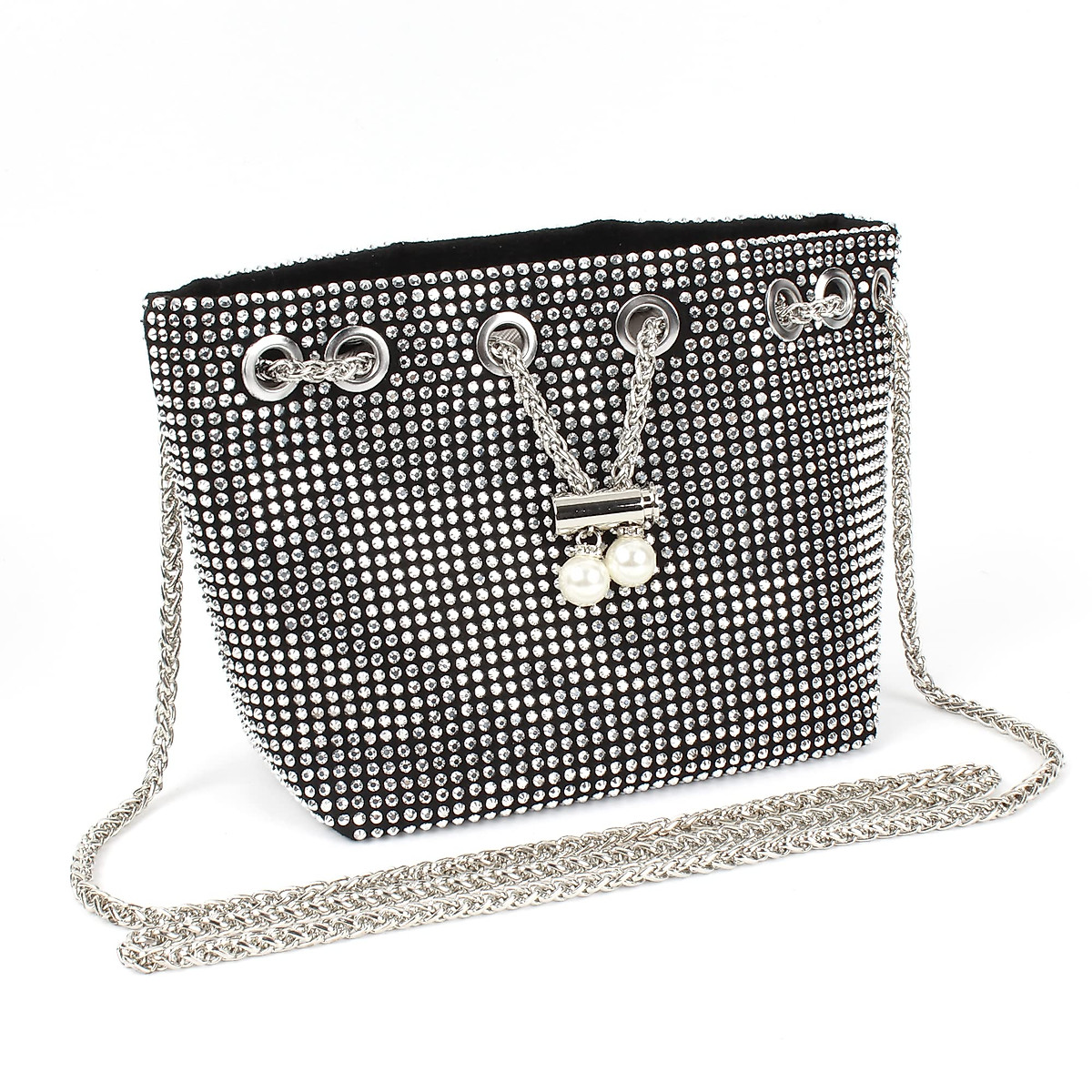 Hyuyikuwol Women Rhinestones Crystal Clutch Drawstring Bucket Bag Mini Evening Bags Crossbody Purses Pearl Party Prom Wedding, Silver