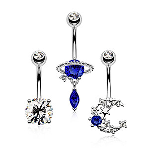 Melighting 14G Belly Button Rings Pack Stainless Steel 316L Blue Belly Rings for Women Clear CZ Planet Belly Piercing Moon Navel Barbell Body Piercing Jewelry (Blue)