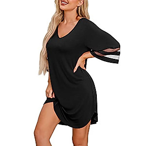 PrinStory Nightgown for Women Nightshirt Casual Sleep Shirt Loose Sleepwear Black