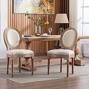 GOOLON Dining Chair PU Leather French Dining Chair Set of 2 Vintage Chair Round Backrest Upholstered Armless Chair with Wood Leg Mid Century Chair for Dining Room Kitchen Beige