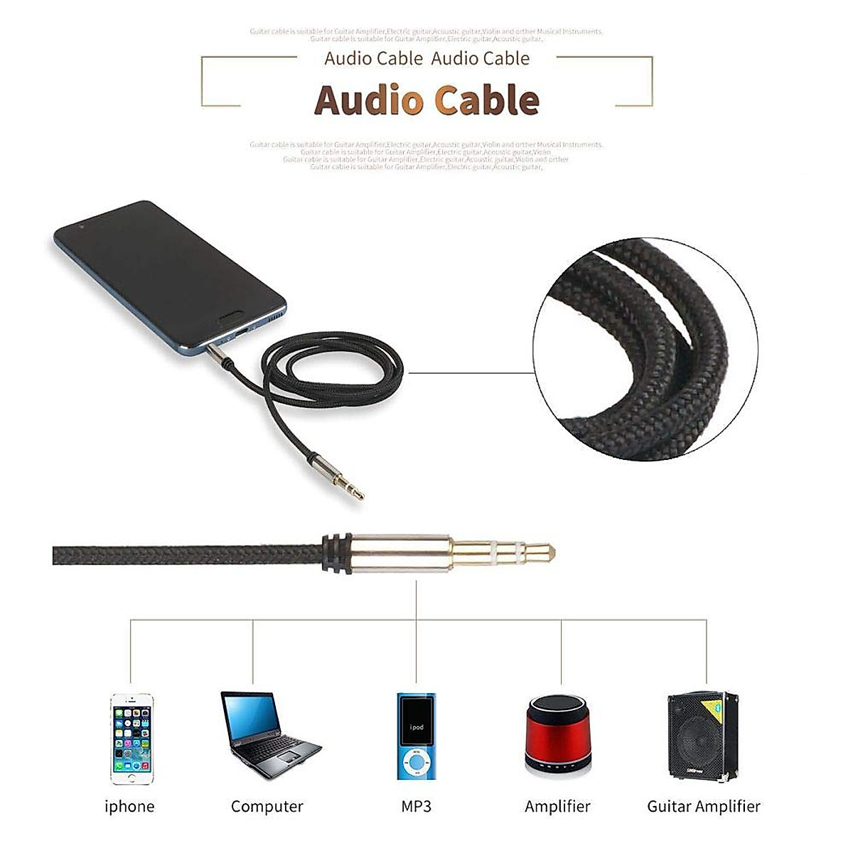 SUNYIN Amp Cord for Electric Guitar,10-Feet Electric Instrument Guitar Bass Cable,Straight to Right Angle Guitar Amp Cord with Gold Plated 3.5mm&6.5mm Stereo Adapter,Audio Cable,4 Picks