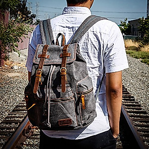 GEARONIC 21L Vintage Canvas Backpack for Men Women Leather Rucksack Knapsack 15 inch Laptop Tote Satchel College Military Army Shoulder Rucksack Hiking Bag-Gray
