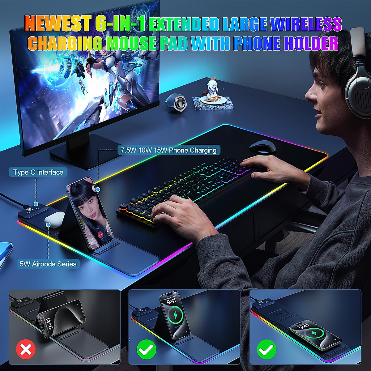 Wireless Charging Mouse Pad, Large Desk Mat Gaming Mouse Pad, Extended Mouse Pads for Desk, Long Desk Pad with Anti-Slip Rubber Base Computer Mousepad Keyboard Pad Desk Writing Pad for Home Office