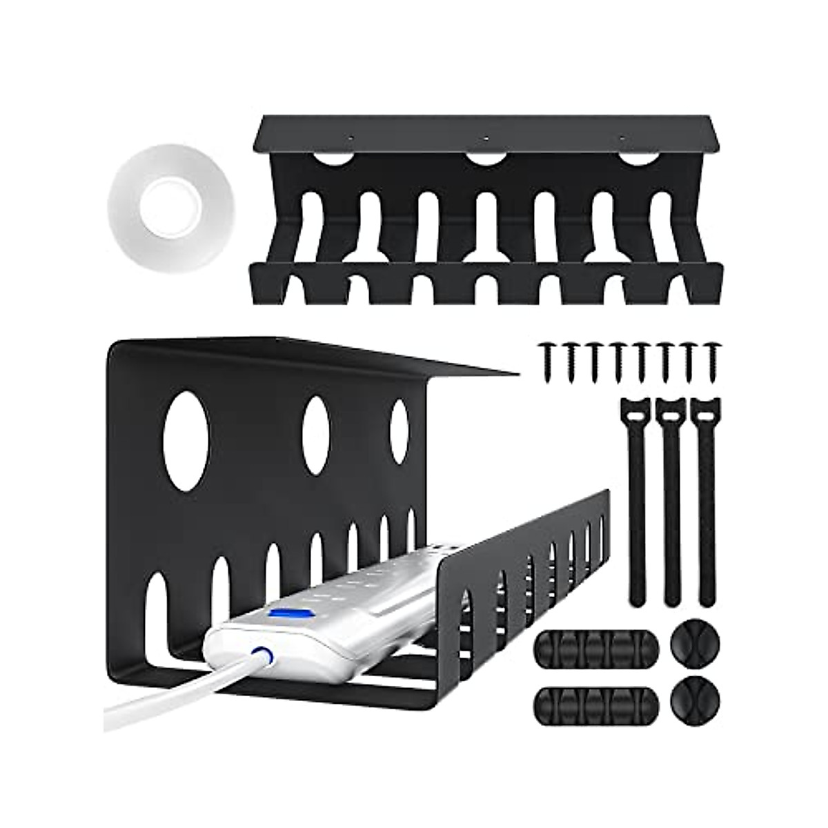 Under Desk Cable Management Tray 2 Pack, Metal Cable Tray Basket for Wire Management, No Drill/Drill PC Cord Organizer for Home Office Computer Desk Cable Hider, 15.75x4.72x4.72in, Black Raceway