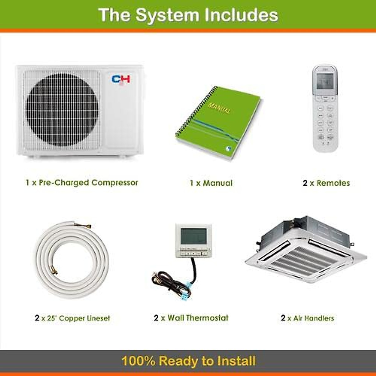 Dual 2 Zone Ductless Mini Split Ceiling Cassette Air Conditioner Heat Pump 18000 24000