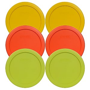 Pyrex 7201-PC 4 Cup (2) Butter Yellow, (2) Pumpkin Orange, & (2) Edamame Green Plastic Food Storage Lids, Made in USA