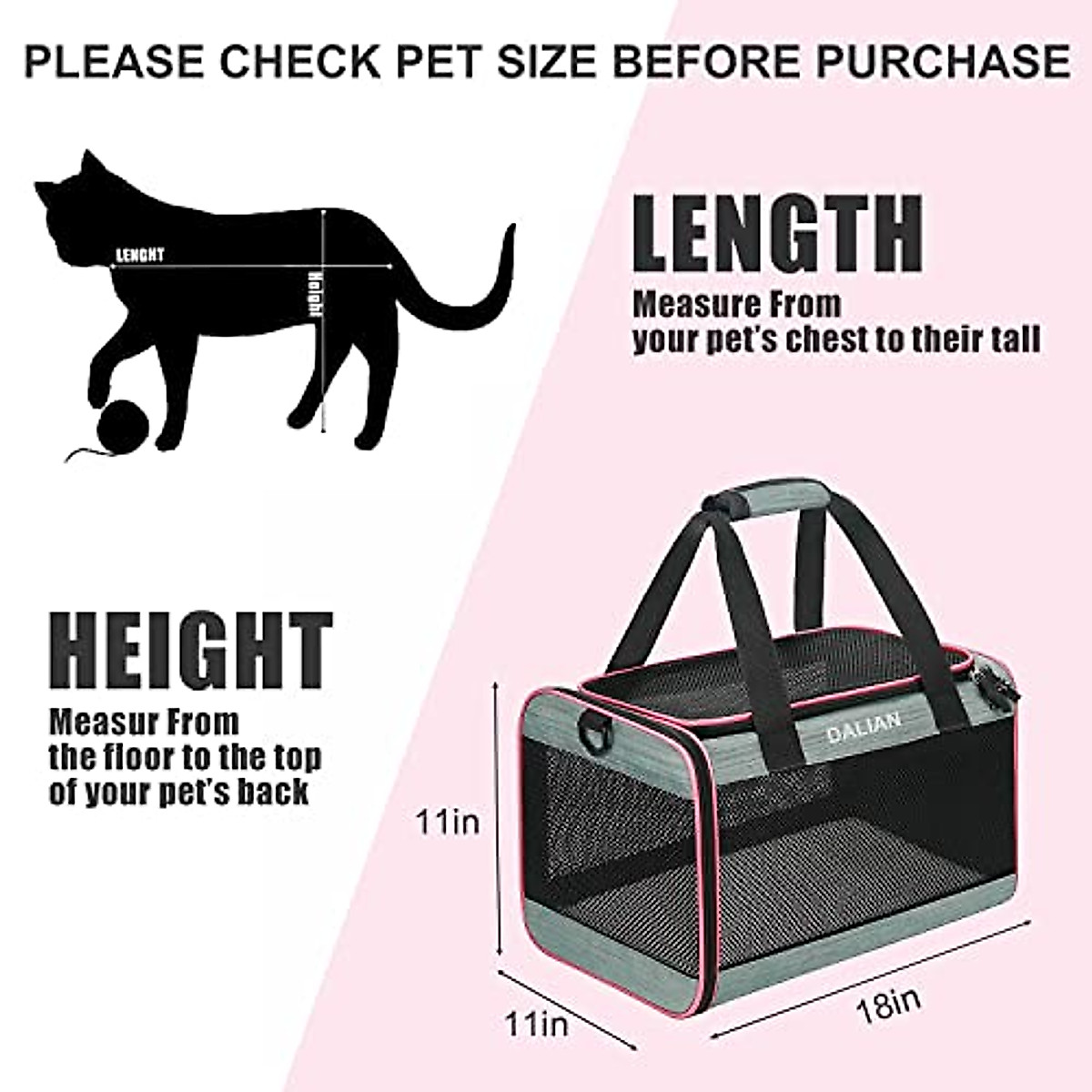 DALIAN Dog ​Soft-Sided Carriers, Airline Approved Pet Carrier for Travel, Maximum Pet Weight 18 Pounds