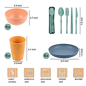 Wheat Straw Dinnerware Sets for 6(55 PCS), Lanveda Kitchen Dinnerware Sets Include Dinner Plates, Cereal Bowls, Cups, Flatwares, Portable Bag, Lightweight Outdoor Colorful Party Dinnerware Sets