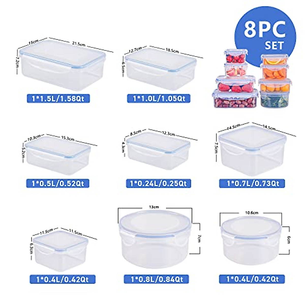 Food Storage Containers 8 PCS, Reusable Plastic Food Containers With Lids Airtight, BPA Free & 100% Leak-Proof, Microwave & Freezer and Dishwasher Safe, 8.2-50.75Oz