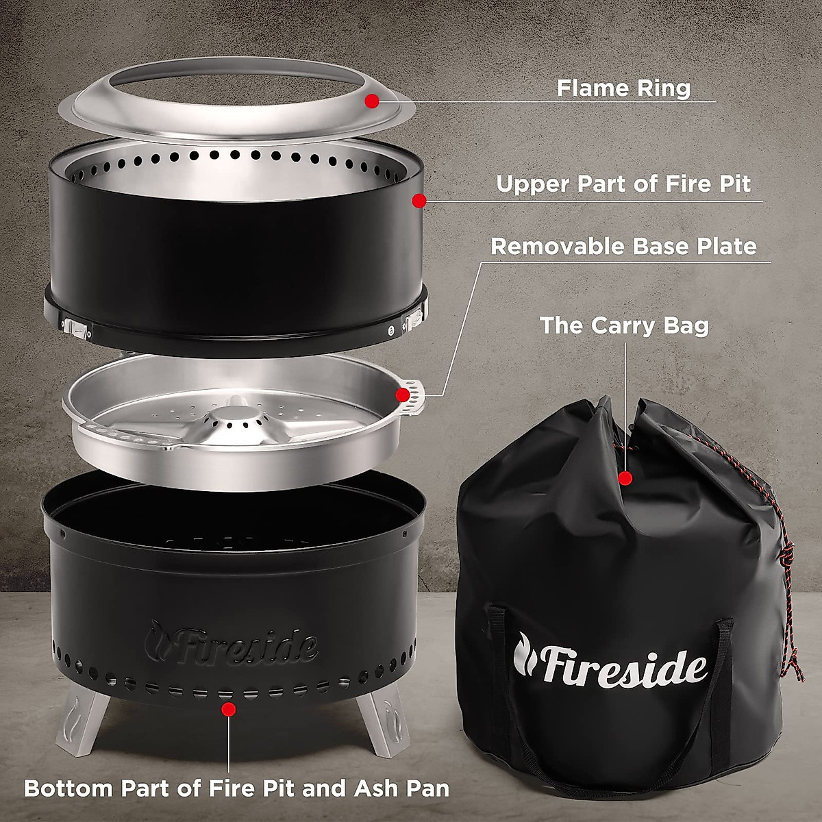 TURBRO 19 Inch Smokeless Fire Pit for Outdoor Wood Burning, Portable Stainless Steel Camping Stove with Stand, Removable Ash Pan, Waterproof Storage Bag, Unique Nested Design, Pluto R19-PG, Black