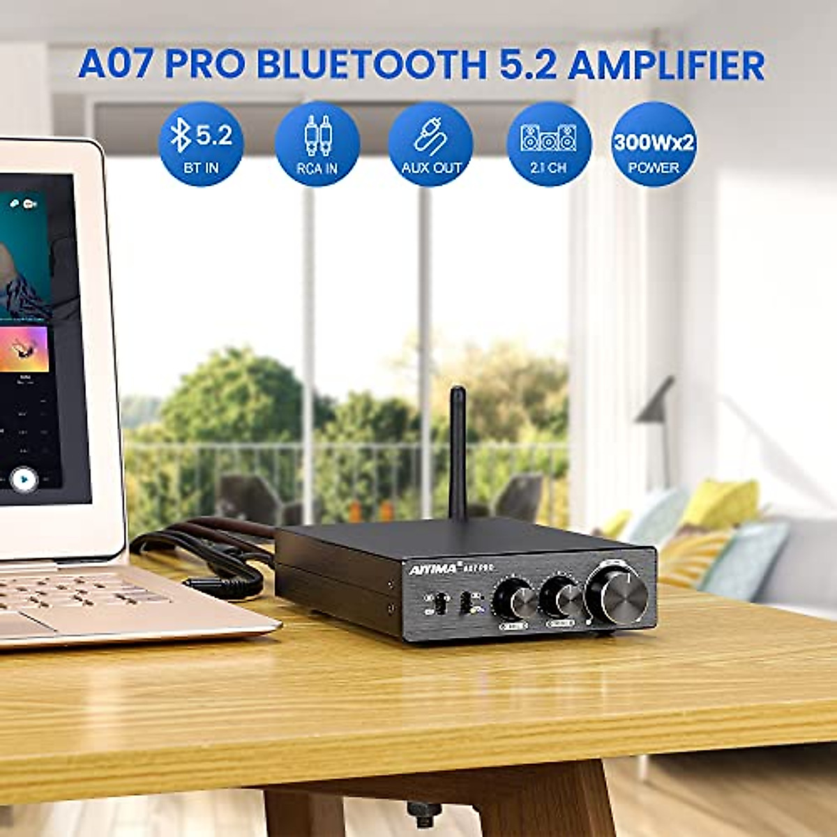 [Upgraded] AIYIMA A07 Pro TPA3255 Stereo Amplifier Bluetooth 5.2 300Wx2 HiFi Class D Amp 2.0/2.1 Channel Audio Power Amp for Speaker with Bass Treble Control& Line Output + Power Adapter