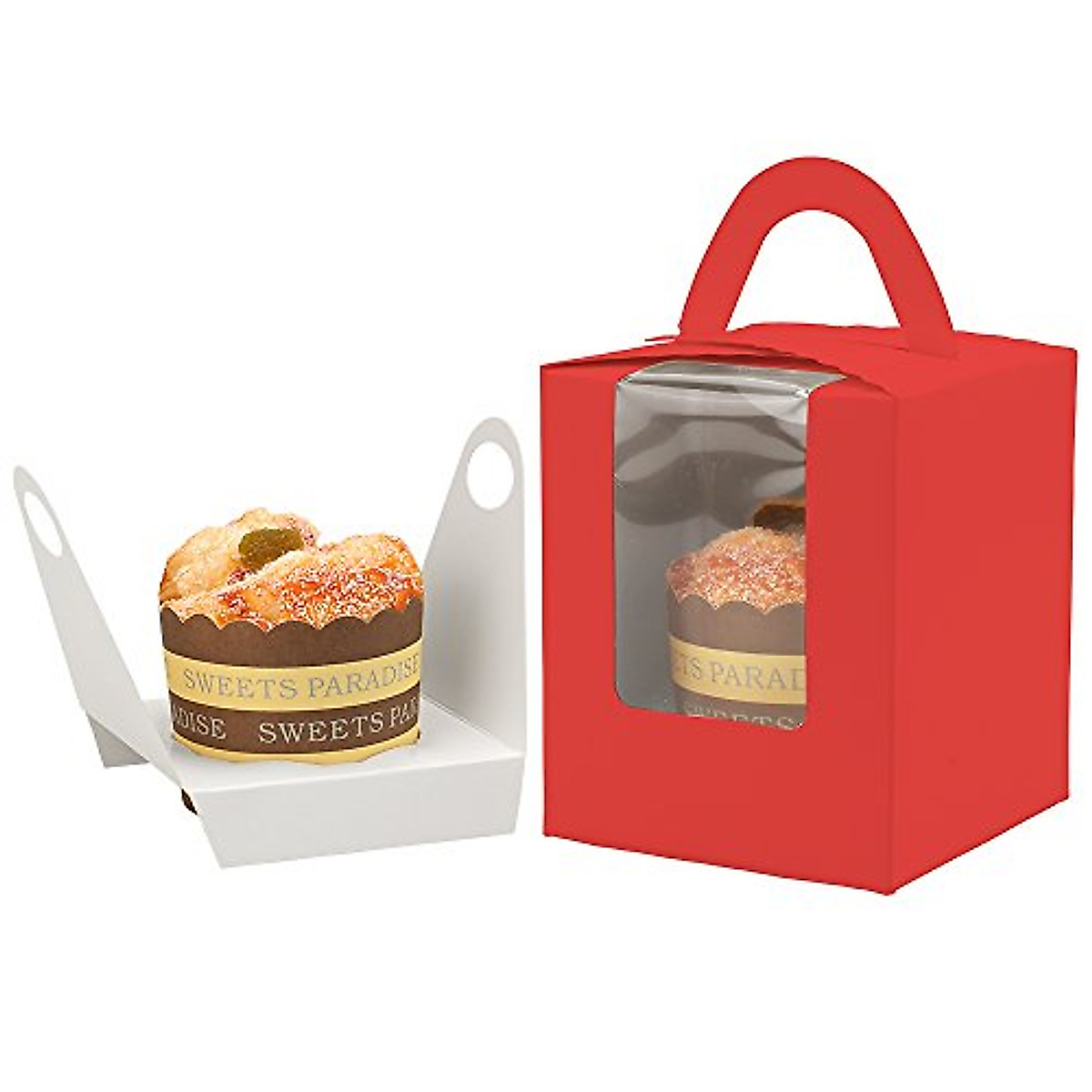 Walk Arrive Cupcake Box Clear Display Window with Strong Handle and Secure Insert Cake Box Bakery Box Cupcake Carrier Cupcake Holder Container for Baby Shower Wedding Birthday Festival Party (10, Red)
