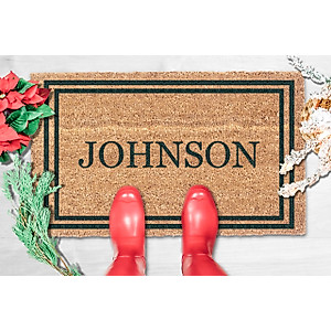 Personalized Front Door Mats Outdoor - Made in USA, Coir Welcome Mats with Vinyl Backing for Home Entrance, Custom Gift for Dad from Daughter, Son, Low Profile (22" x 36" Green Double Bordered)