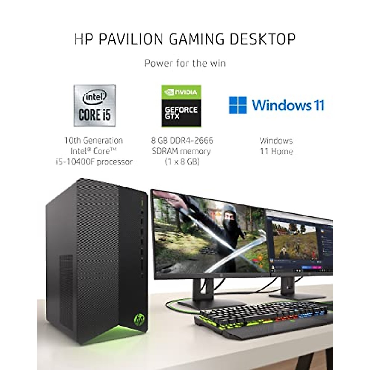 HP Pavilion Gaming Desktop, 10th Generation Intel Core i5-10400F Processor, NVIDIA GeForce GTX 1650 Graphics, 8 GM RAM, 256 GB SSD, Windows 11 Home (TG01-1120, Shadow Black)